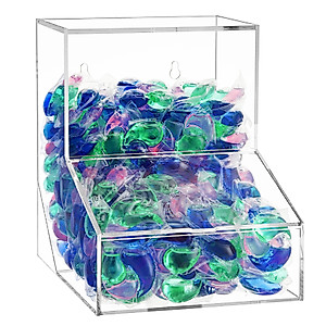 BSSOYAMM Laundry Pods Container, Acrylic Laundry Pods Holder with 2 Lid, Adhesive Dishwasher Pods Dispenser, Clear Laundry Room Organization Storage for Clothes Pins, Dryer Balls, Snack, Candy