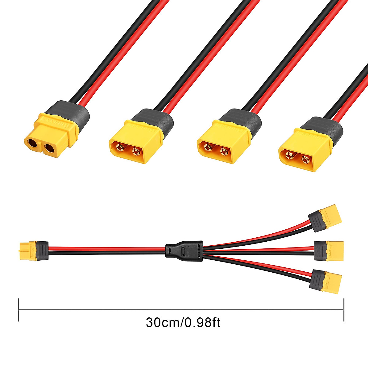 GINTOOYUN XT60 Splitter Extension Cable 1 Female to 3 Male Connector Adapter,12AWG XT60 Power Extension Cable for Solar Panel,Solar Generator,Portable Power Station, Drone,RV,Ship etc(0.3M)