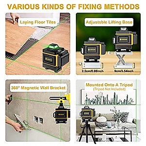 GROSAM Laser Level, 16-line Green Laser Level For Self-leveling Of Buildings And Picture Hangings, Two 360° Vertical Lines And Two 360° Horizontal Lines With Battery Power Detection