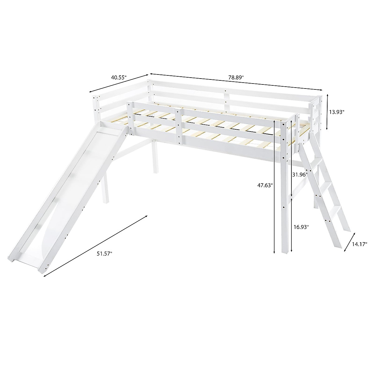 VINGLI Loft Bed with Slide, Twin, Space Saving Kids Low Loft Bed with Guardrail and Ladder, Pine Wood and Sturdy Bed Frame for Boys and Girls, White