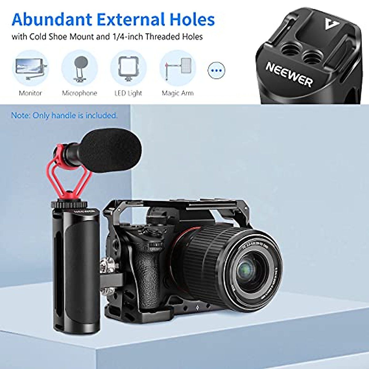 NEEWER Aluminum Side Handle Grip, Compatible with SmallRig Camera Cage for DSLR & Mirrorless Camera, Vertical/Horizontal Adjustment Handgrip with Cold Shoe, Built in Hex Key and 1/4" Threads, VS105