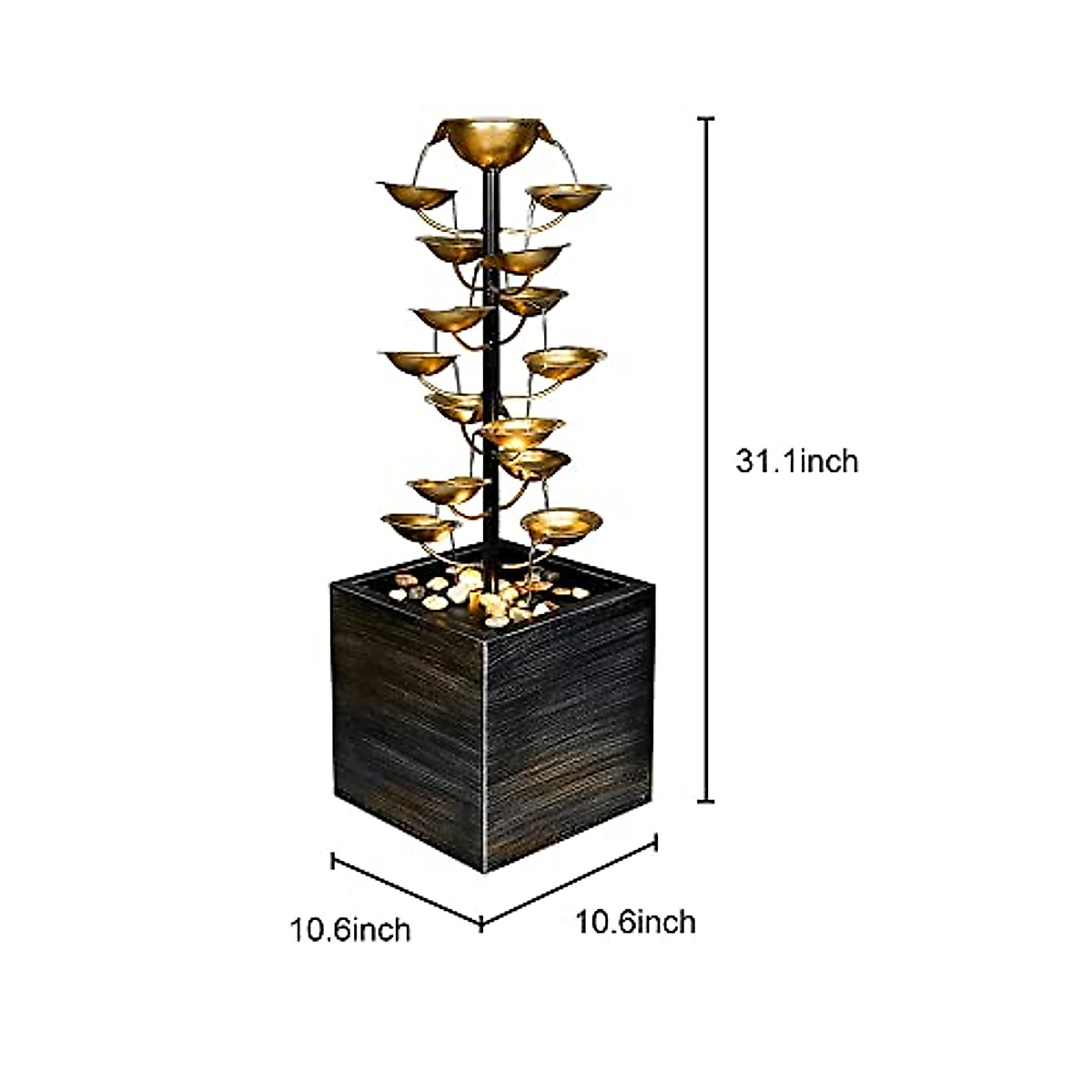 SunJet 31.1inches Modern Metal Water Fountain, Multi-Tier Floor-Standing Water Fountain Cascading Fountain with Lights & Rocks for Indoor/Outdoor Art Decor