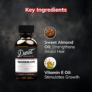 Detroit Grooming Co. Beard Oil – All-Natural, Hydrating Formula with Natural Oils, Vitamin E – Beard Oil (Cherry & Tobacco) – 1 oz (Traverse City)