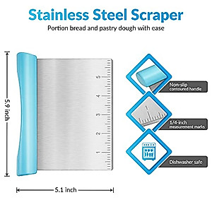 Rainspire Bench Scraper, Stainless Steel Dough Scraper, Pastry Scraper, Pizza and Dough Cutter Multi-Purpose Scraper/Chopper, Pizza Cutter Food Chopper Baking Supplies Kitchen Gadgets, Blue