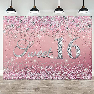 Hilioens 7×5ft Sweet 16th Birthday Backdrop Glitter Pink Diamonds Bokeh Girls 16th Birthday Party Backgorund Shining Silver Happy Sixteen Birthday Party Banner Deocrations Photo Booth Props