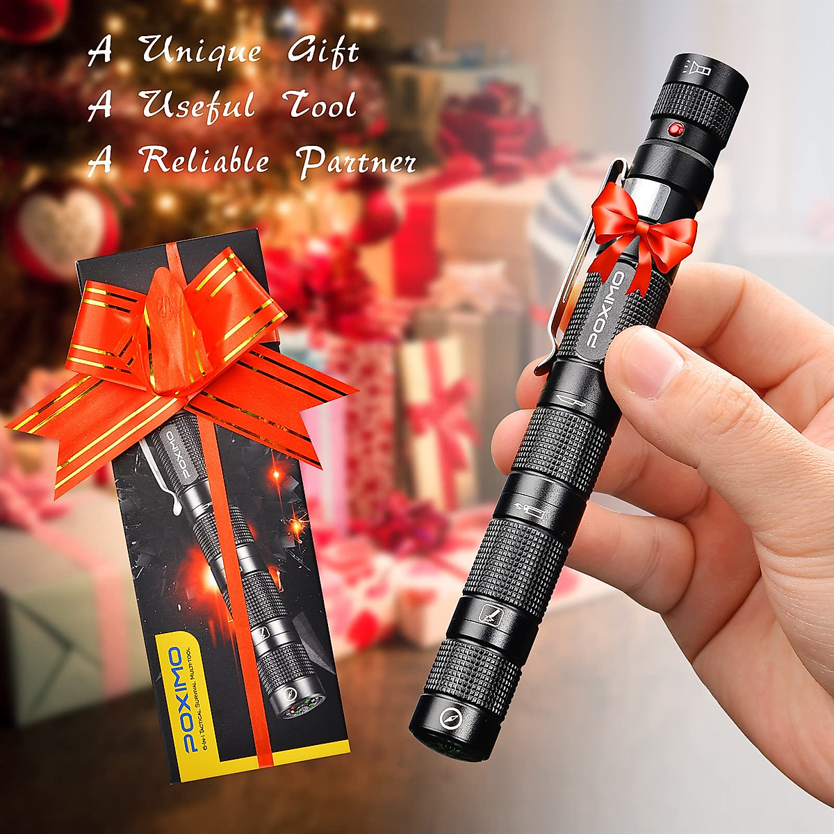 POXIMO EDC Multitool 5-In-1 Tactical Survival Gear with Flashlight, Lighter(No Fuel), Glass Breaker, Cutter, Compass, Pocket Camping Multi-Tool Gadget, Cool Birthday Gift for Men Dad Husband