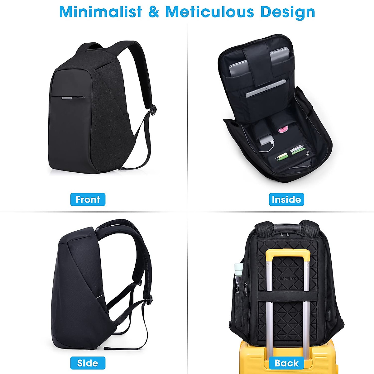 oscaurt Laptop Backpack, Theftproof Travel Backpack, Hidden Zipper Bag with USB Charging Port, Water Resistant Business Back Pack for Student Work Men & Women New Version Black