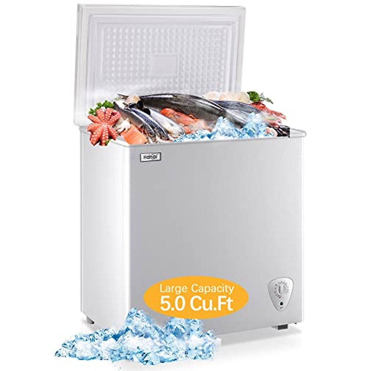 Chest Freezer Compact Deep Freezer WANAI 5.0 Cu.Ft for Garage Adjustable Temperature 7 Thermostat and Energy Saving Removable Basket for Garage Basement Dorm Apartment Kitchen Business