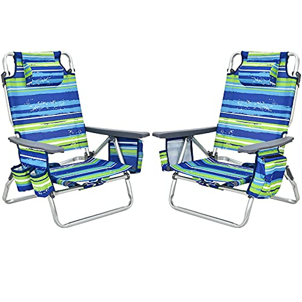 Giantex Beach Chair 2-Pack Sling Camping / Sunbathing Chairs with 5 Adjustable Position, Head Pillow, Storage Bag, Towel Bar, Cup Holders, Folding Fishing Backpack Lawn Chairs