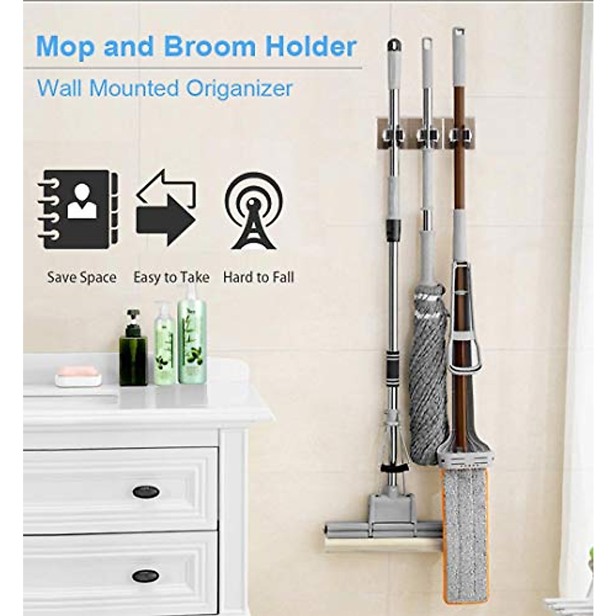 2IN1 No Drilling Broom Mop Holder, Broom Gripper Holds Self Adhesive, Wall Mounted Storage Rack Storage & Organization for Home, Kitchen Pan and Wardrobe Bathroom Garage Laundry Organizer Rack