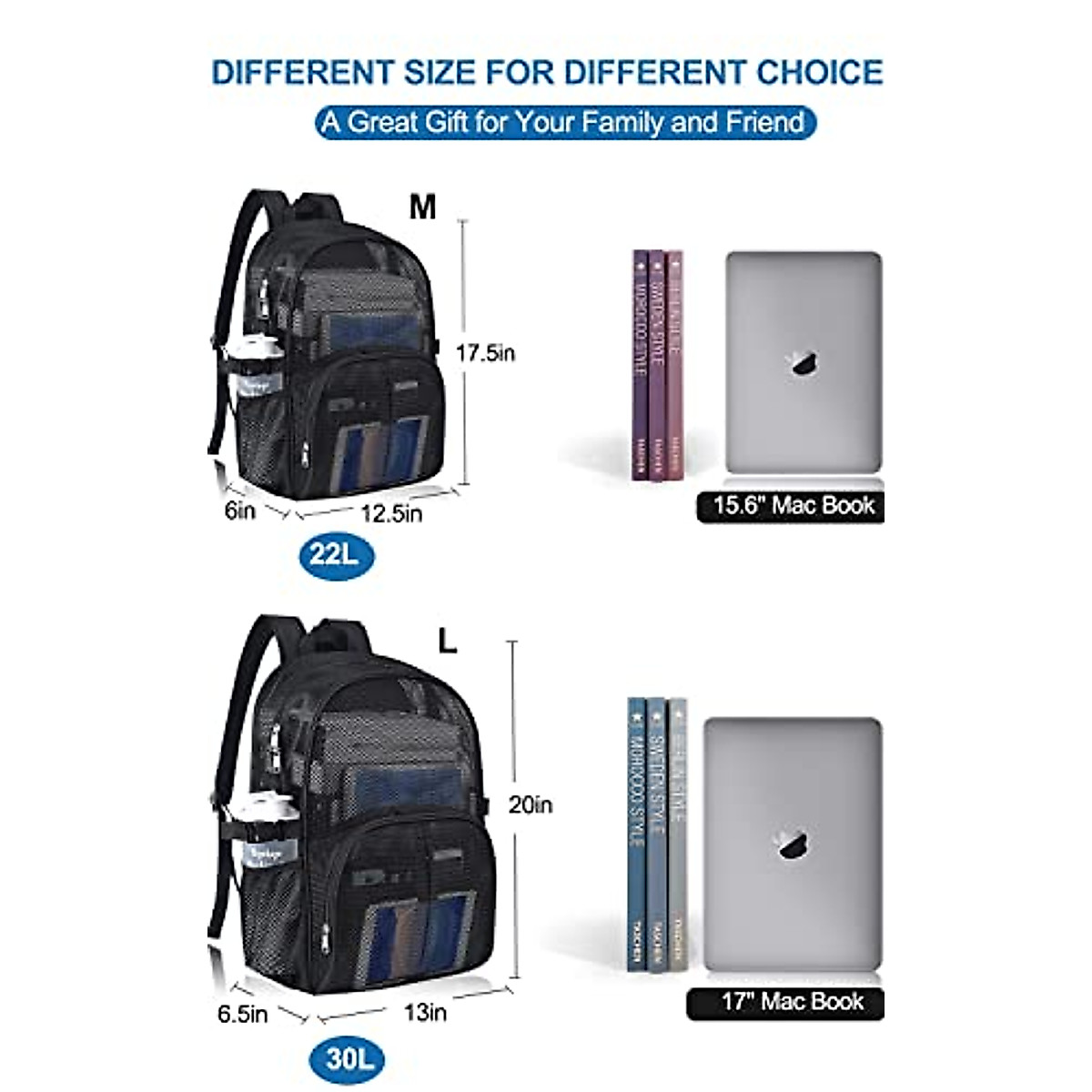 Heavy Duty Mesh Backpack for School, 30L Extra Large See Through Mesh Bookbag for Adults with Comfort Padded Straps for School, Beach, Swimming, Fitness, Sports(Black)