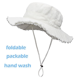 LLmoway Women’s Sun Hats Wide Brim Summer Cotton Washed Fringe Bucket Hat with String Packable Ladies Floppy Hat White