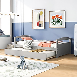 RITSU Twin Daybed Frame with Trundle, Wooden Day Bed for Living Room, Kids Twin Size Platform Bed with Headboard and Footboard for Boys Girls Teens, No Box Spring Needed,Twin Size,Grey