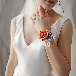 AJOYEGG Wrist Corsage Wristlet Band Bracelet: Set of 6 Corsage Flower for Women Bride Bridesmaid Wedding Prom(Burnt Orange)