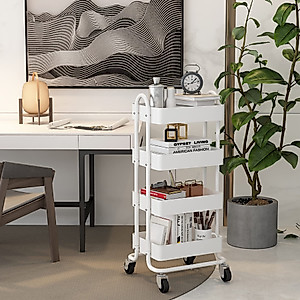 MIOCASA 4-Tier Metal Utility Rolling Cart, Heavy Duty Multifunction Cart with Lockable Casters, Easy to Assemble, Suitable for Office, Bathroom, Kitchen, Garden (White)