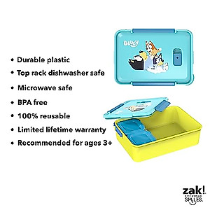 Zak Designs Bluey Reusable Plastic Bento Box with Leak-Proof Seal, Carrying Handle, Microwave Steam Vent, and Individual Containers for Kids' Packed Lunch (3-Piece Set)