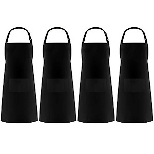 Syntus 4 Pack Adjustable Bib Apron Waterdrop Resistant with 2 Pockets Cooking Kitchen Aprons for Women Men Chef, Black