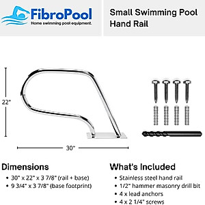 FibroPool Swimming Pool Hand Rail with Easy Mount Base Plate, Rust and Weather Proof Grab Rails for Pools and Spas, Small (Stainless Steel)