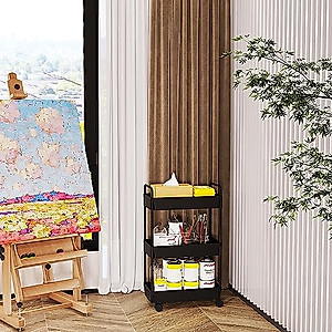 Buzowruil Rolling Storage Cart 3 Tier Organizer Mobile Shelving Unit Storage Rolling Utility Cart with Wheels for Kitchen Bathroom Laundry,Black