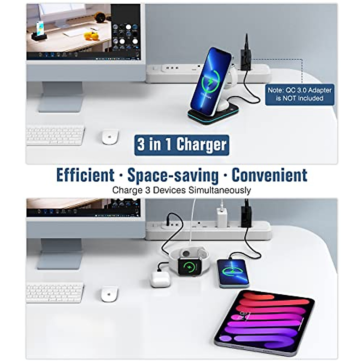 MoKo 15W Qi Fast Charging Station, 3 in 1 Wireless Charger Stand Foldable Charger Dock Compatible with iPhone 13/12/SE/Pro/11/XS/XR/X/AirPods 3/2/Pro/Apple Watch SE/7/6/5/4/3/2/Samsung Galaxy, Black