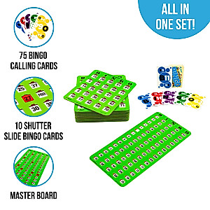 Regal Bingo Finger-Tip Shutter Bingo Cards Set w/Sliding Windows - 10 Bingo Shutter Cards, 75 Reusable Calling Cards, 1 Master Board - Ideal for Family Fun Night - No Chips & Daubers Needed - Green