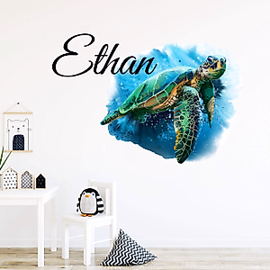 Boys Nursery Sea Turtle Printed Custom Name Personalized Vinyl Wall Decal Wall Sticker Lettering Decor (Large)