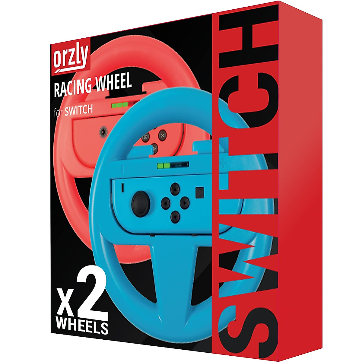 Orzly Steering Wheels for Nintendo Switch & OLED JoyCons, Racing Wheels for Mario Kart 8 Deluxe [Mariokart Switch Steering Wheel Joycon Controller Attachment Accessories] - TWIN PACK[1x Red & 1x Blue]