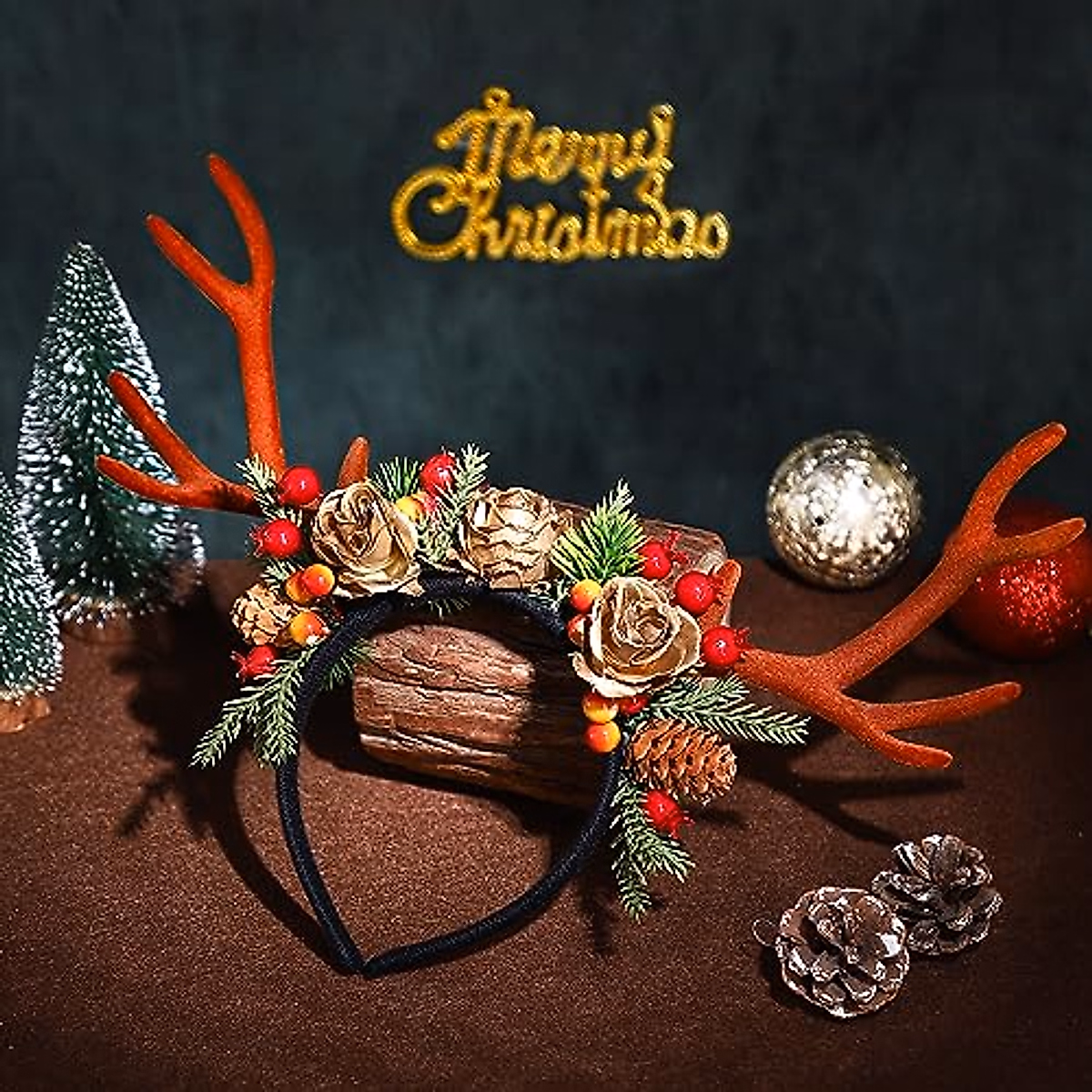 MOSTORY Handmade Christams Antler Headband - Brown Reindeer Hairband Xmas Woodland Headpiece Forest Deer Crown with Berry Pine Cone for Retro Party Renfaire Prom Cosplay Rose