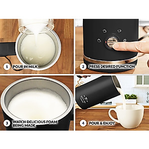 Zulay Kitchen 4-in-1 Milk Steamer - Automatic Milk Frother Electric (10oz/300ml) - Milk Frother and Steamer - Stainless Steel Electric Milk Frother For Latte, Cappuccino, Hot Chocolate (Turbo Black)