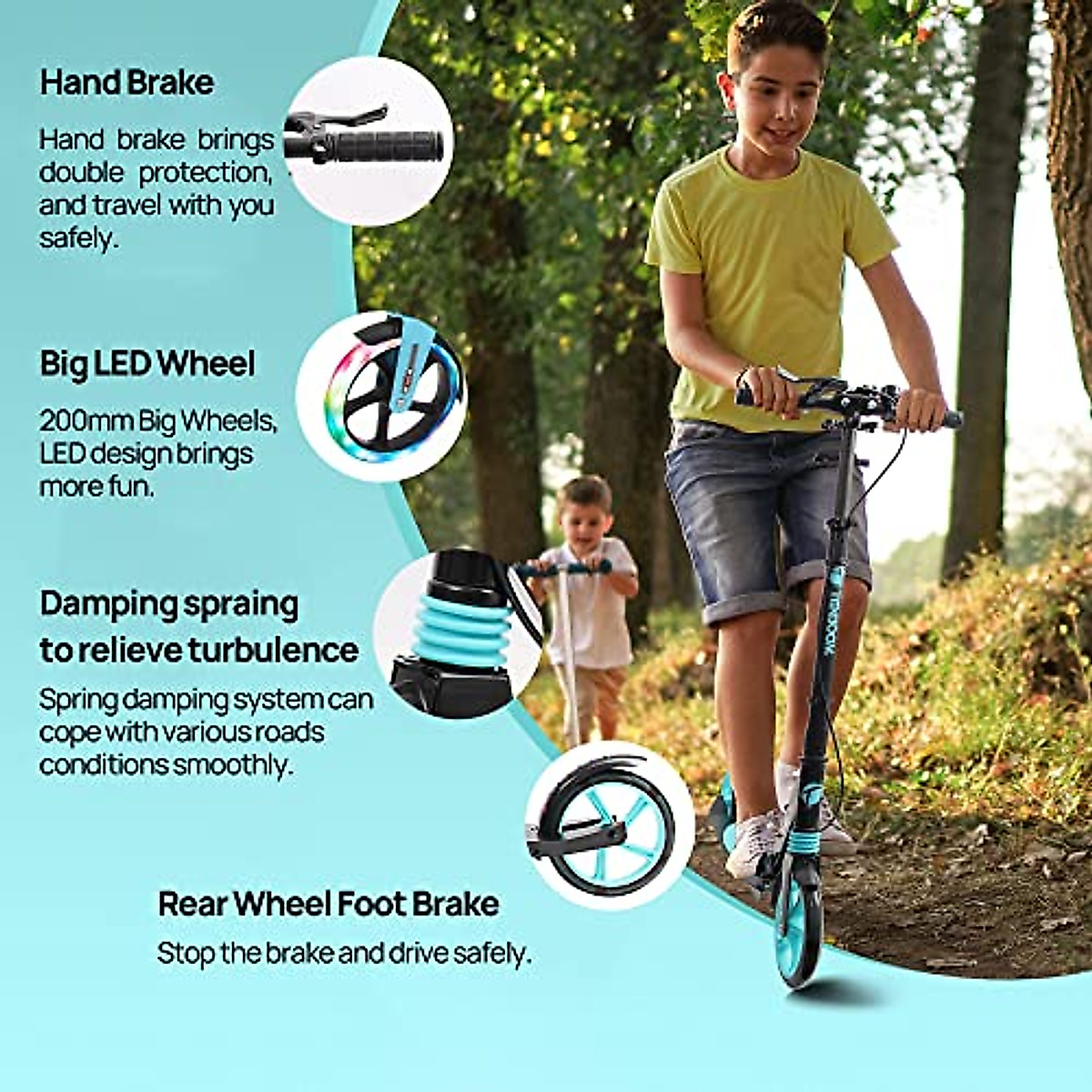 TENBOOM Scooter for Ages 8+ Teens and Adults Kick Scooter Foldable with Double Braking System Bells Adjustable Handlebars Kickstand Max Load 220 LBS 8" Big Wheels