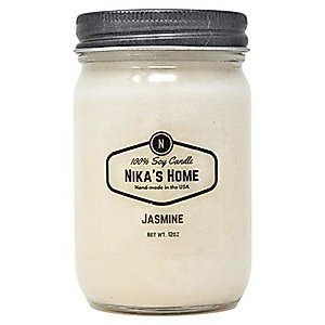 Nika's Home Jasmine Soy Candle 12oz Mason Jar Non-Toxic White Soy Candle-Hand Poured Candle- Handmade, Long Burning 50-60 Hours Highly Scented All Natural, Clean Burning Large Candle Gift Décor