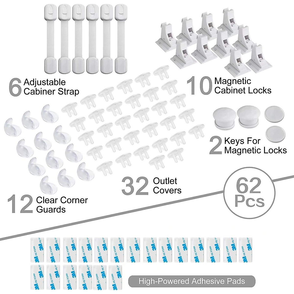 PandaEar Baby Child Safety Proofing Kit 62 Pcs Set, 6 Adjustable Adhesive Cabinet Straps, 12 Clear Corner Protectors Guards, 32 Outlet Plug Covers, 10 Magnetic Cabinet Locks with 2 Keys, No Drill Req