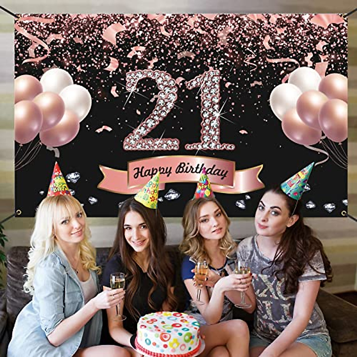 Trgowaul 21st Birthday Decorations for her - Rose Gold 21st Birthday Backdrop for Women 21st Birthday Party Supplies Photography Supplies Background Happy 21st Birthday Banner