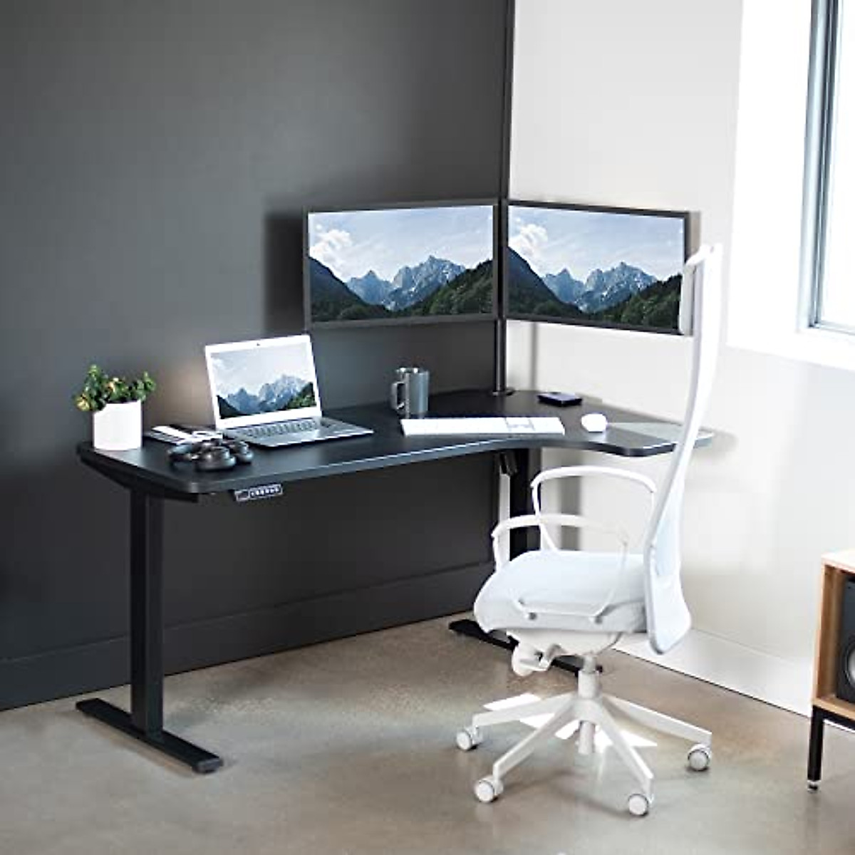 VIVO Electric Height Adjustable L Shaped 58 x 35 inch Corner Standing Desk, Black Reversible Table Top, Black Frame, Workstation with Memory Control Pad, DESK-KIT-1BRB