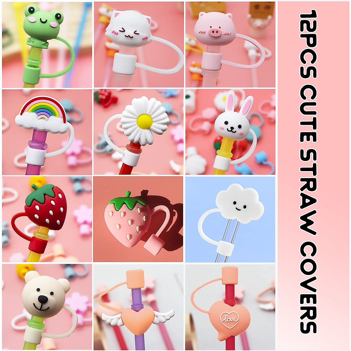 12PCS Straw Covers, Silicone Straw Covers for 6mm To 8 mm Straws, Cute Straw Caps Covers for Reusable Straws, Various Straw Tip Covers, Straw Toppers For Tumblers