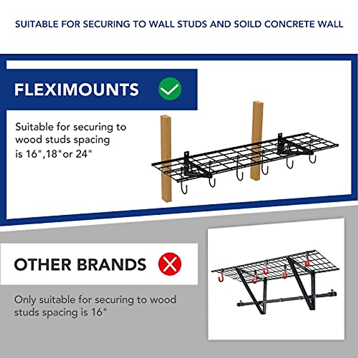 FLEXIMOUNTS Garage Wall Shevling, 1x4 ft w/ 6 Bike Hooks, 1-Pack Wall Shelf Garage Organization System w/ Bike Hangers, Garage Storage Rack Floating Shelves, 150lbs Weight Capacity