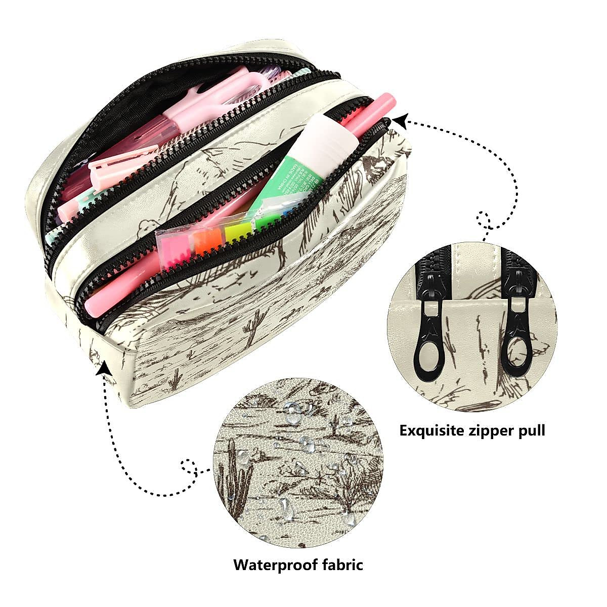 Glaphy American Western Cowboy Cactus Pencil Case, Large Capacity Pencil Pouch Zipper Portable Cosmetic Bag, for School Office College Traval