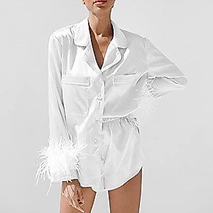 Women 's 2 PCS Feather Silk Pajamas Set Long Sleeve Buttons Down Shirt Top Short Pants Sleepwear PJs (White, Small)