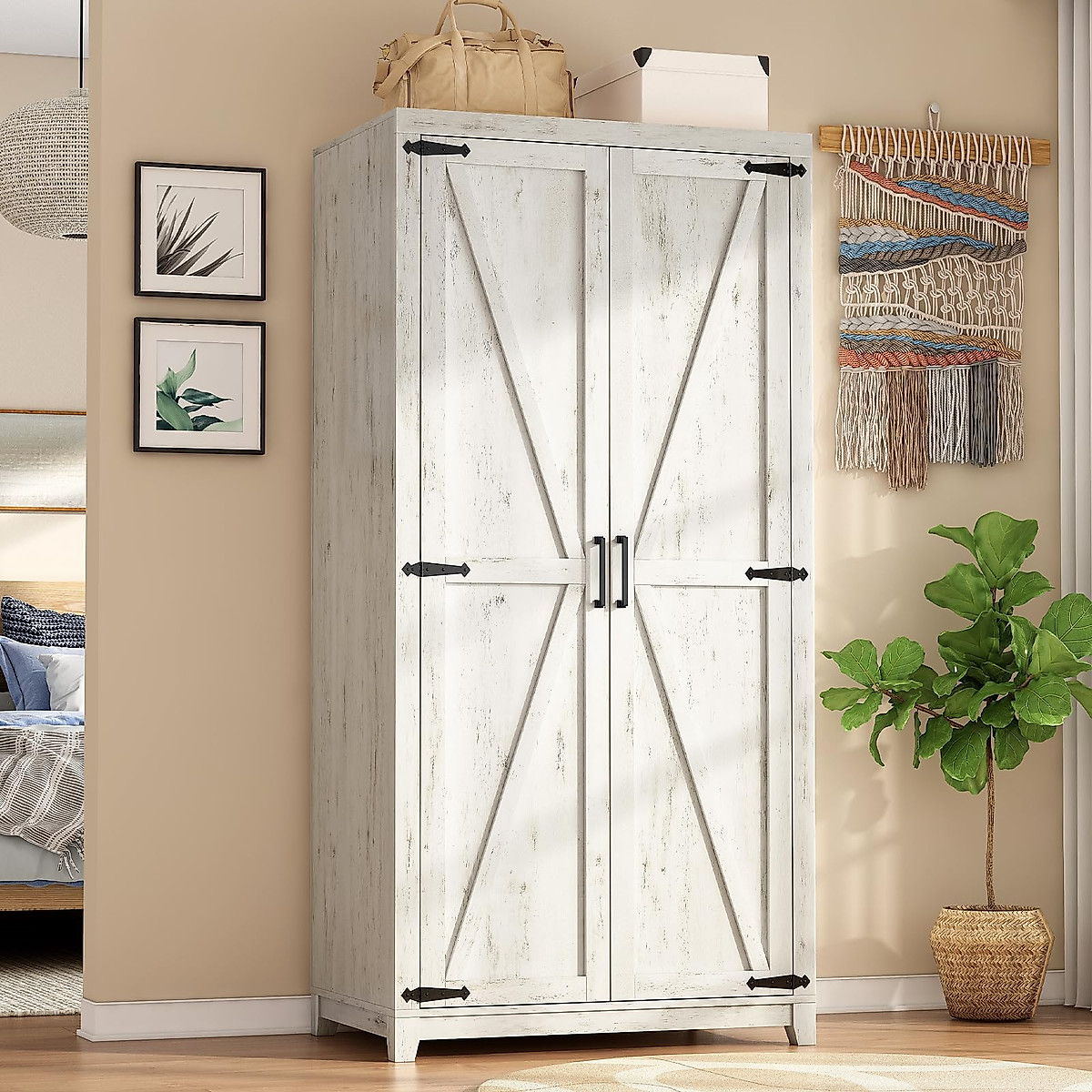 LUXOAK 70" Large Armoire Wardrobe Closet with Hanging Rod, Farmhouse Clothing Storage Cabinet with 2 Barn Doors, Wooden Tall Bedroom Armoires with Shelf, Distressed White
