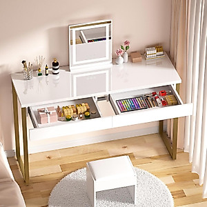 GreenForest Vanity Desk with 2 Drawers,39 inch White Desk with Glossy Desktop Easy Clean,Makeup Dressing Table with Metal Gold Legs for Home Office Small Spaces,Bedroom