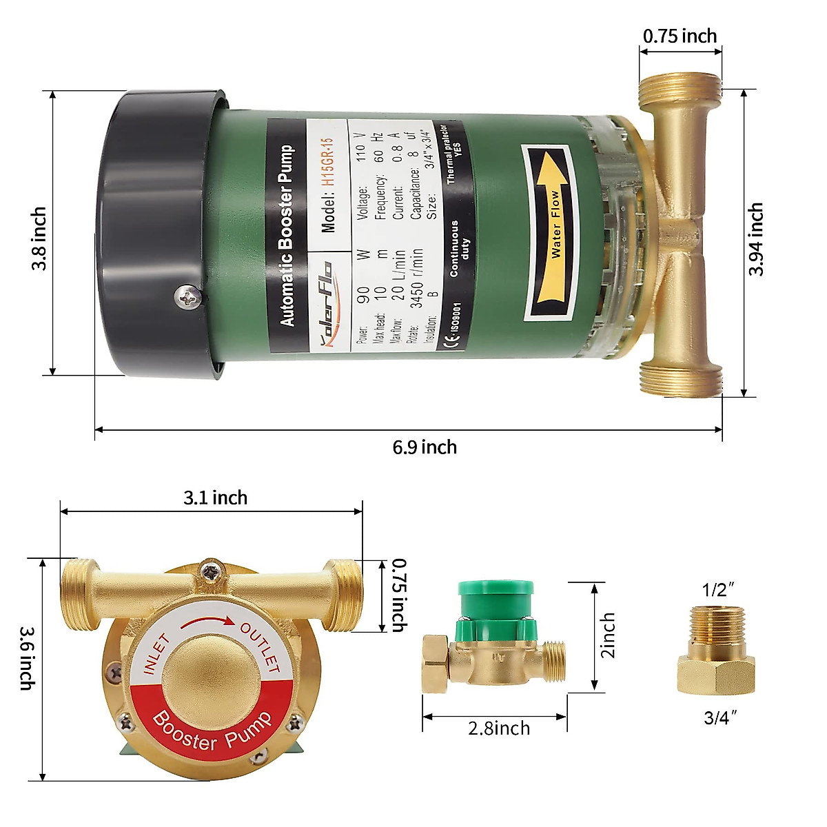 KOLERFLO 90W Water Pressure Booster Pump 115VAC,317 GPH,21.7 PSI Household Automatic Shower Booster Pump with Water Flow Switch for Home/Shower (H15GR-10)