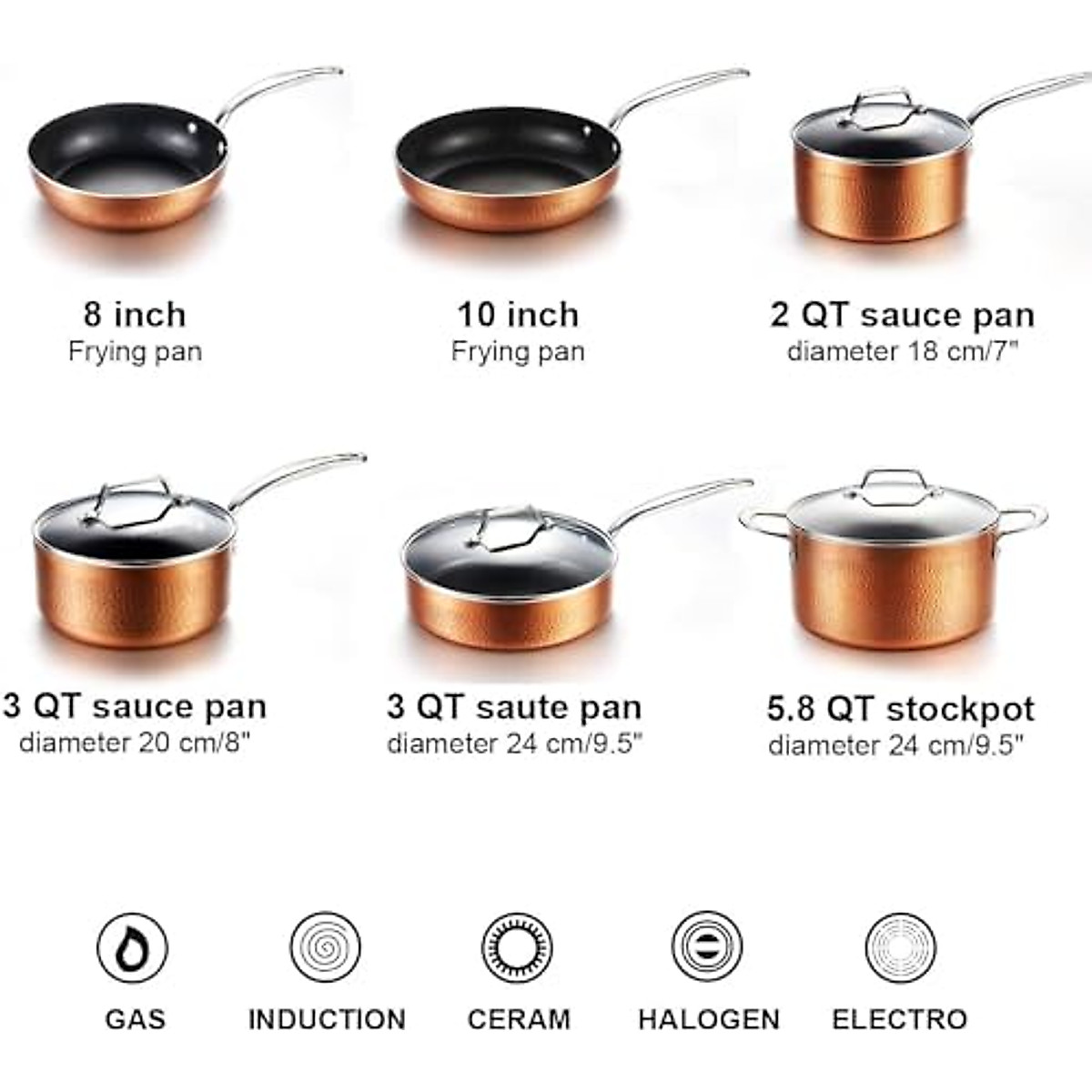 COOKSMARK 10 Piece Hammered Copper Cookware Set with Nonstick Coating, Induction Pots and Pans Set Dishwasher Safe