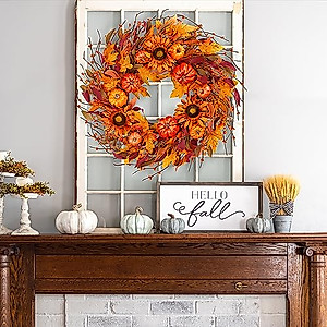 Sggvecsy Fall Wreath 22’’ Autumn Front Door Wreath Harvest Wreath with Pumpkin Sunflower Berry Maple Leaves Fall Decorations for Outside Indoor Wall Window Festival Thanksgiving Fall Autumn Decor