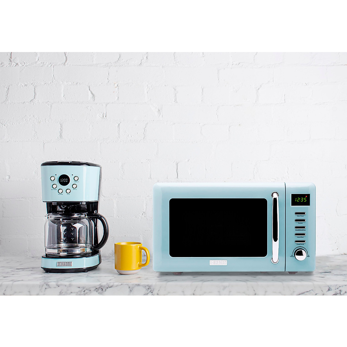 Haden Heritage 12 Cup Programmable Vintage Retro Home Coffee Maker Machine with Vintage Retro 0.7 Cu Ft 700W Countertop Microwave Oven, Blue