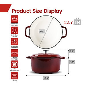 EDGING CASTING Enameled Cast Iron Dutch Oven Pot With Lid, Dutch Oven for Sourdough Bread Baking Round Pot Dule Handle, 6 Quart, Wine Red