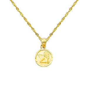 The World Jewelry Center 14k REAL Yellow Gold Religious Angel Pendant with 1.2mm Singapore Chain Necklace - 18"