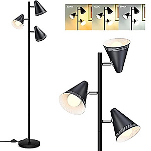 BoostArea Farmhouse Floor Lamp,Standing Tall Pole Lamp,3pcs 9W LED Tree Floor Lamp,3-Color Temperature,Adjustable Metal Lampshades,Footswitch,Industrial Floor Lamp for Living Room,Bedroom,Home,Black