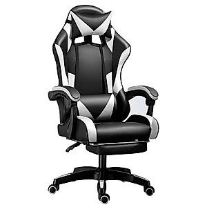 anjsindra Gaming Chair with Footrest Ergonomic Video Game Chairs Adjustable Headrest Lumbar Support High Back PU Leather Racing Style Office Computer Chair for Adults (Black+White)
