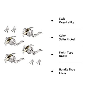 Probrico (4 Pack Wave Style Keyed Alike Entry Levers, Keyed Reversible Door Handles with Lock and Same Keys, Exterior Interior Entry Locks in Satin Nickel Finish