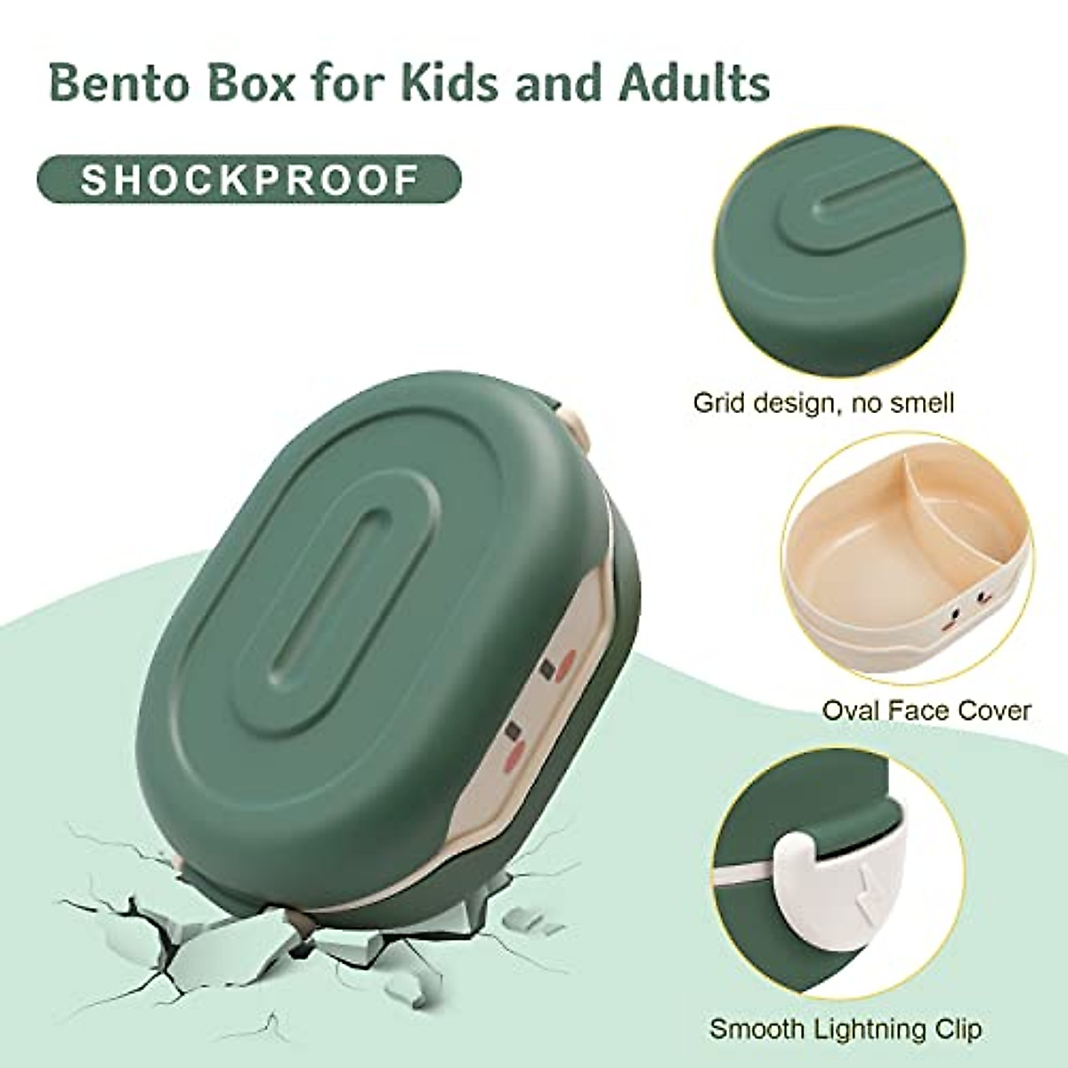 BoofWate Bento Lunch Box, Green, Leakproof, Portable, Microwave Safe, 3-13 Years